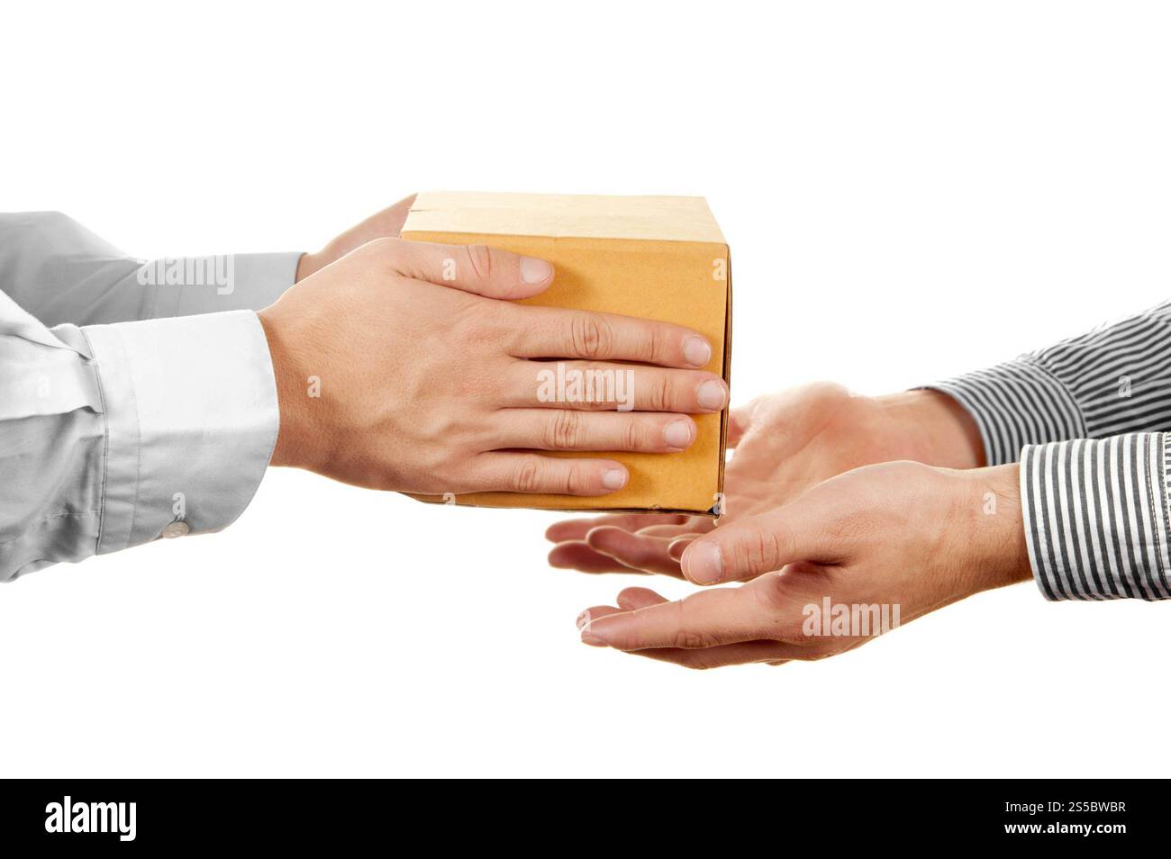 Shop assistant gives the parcel isolated on white background. Shop ...