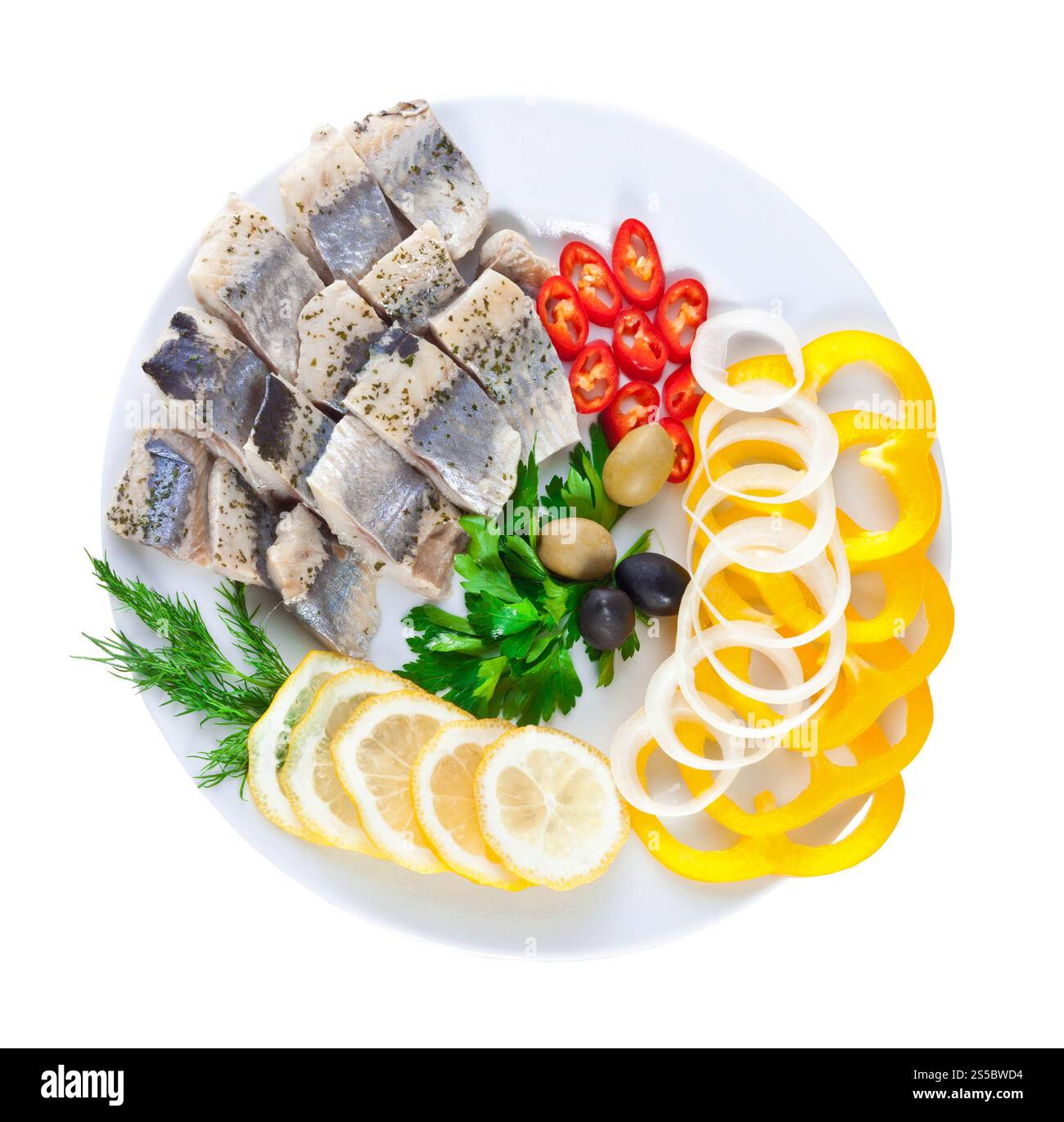 sliced fish with vegetables isolated on white background. sliced fish ...