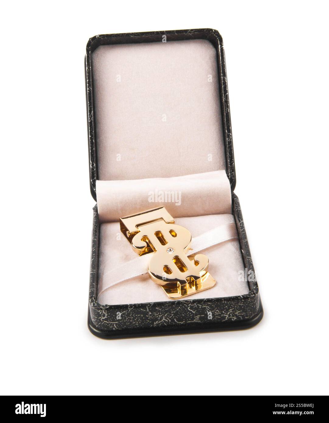 golden clip in box isolated on white background. golden clip in box ...