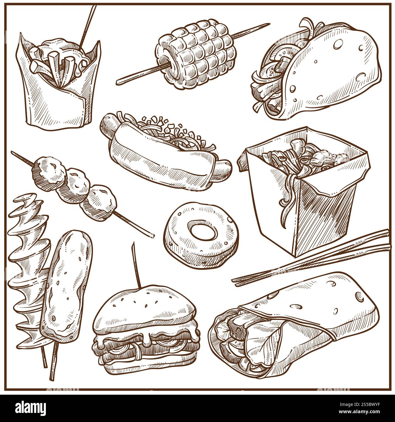 Rich delicious fast food dishes big monochrome sketch collection ...