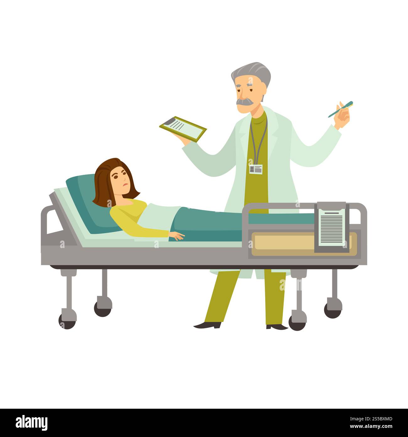 Doctor with diagnosis list at patient lying in couch. Vector physician ...