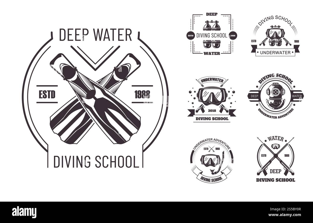 Diving school deep water promo monochrome emblems set. Club for sea ...