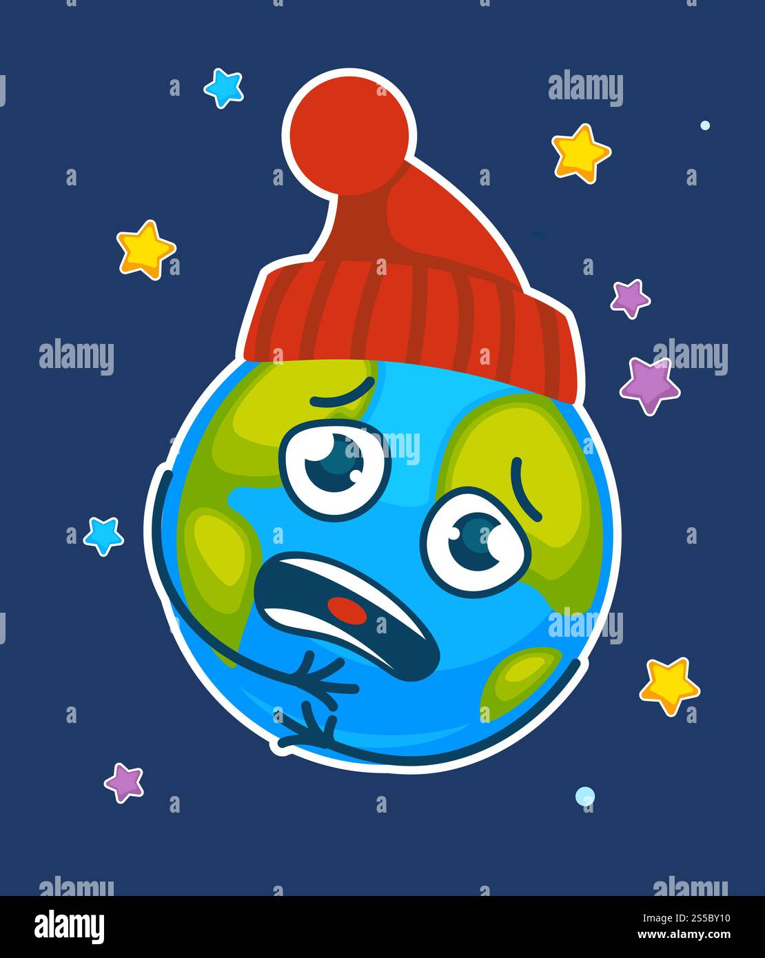 Cartoon earth planet chilly frozen in cold and knitted hat. Vector ...