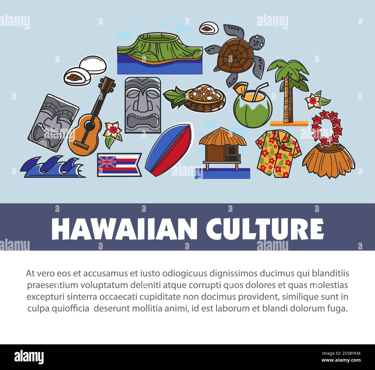 Hawaii travel symbols and tourist attraction landmarks poster. Vector ...
