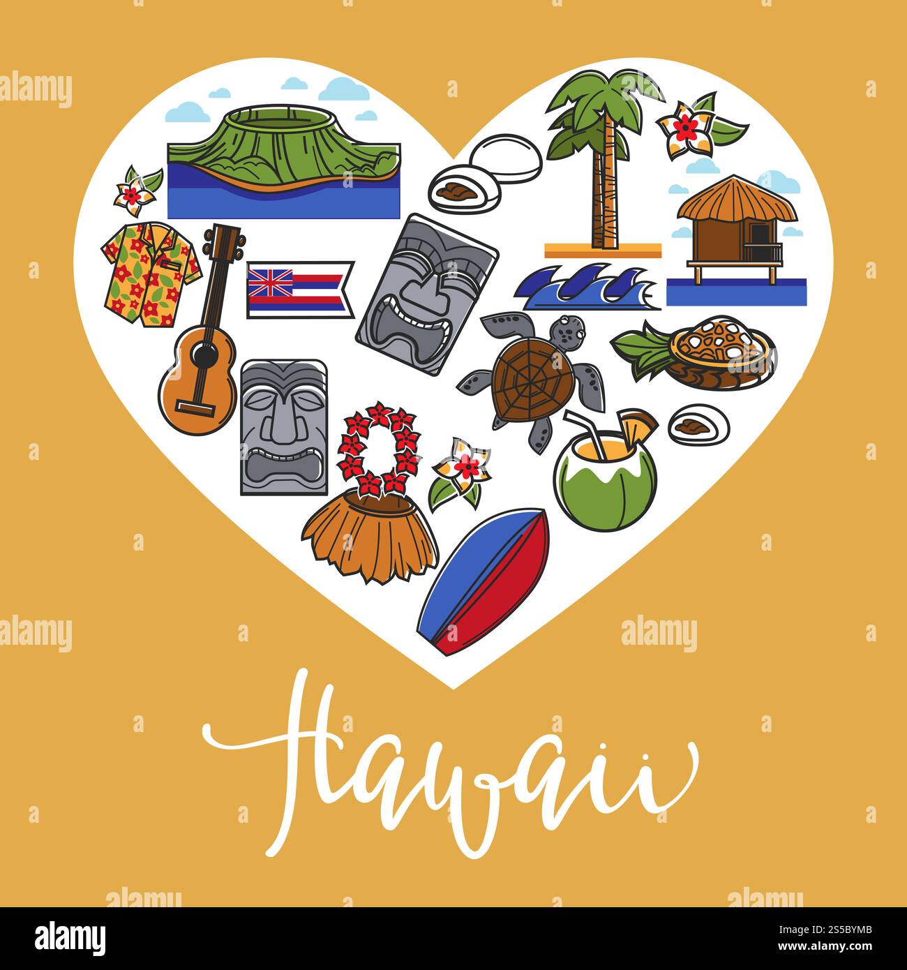 Hawaii travel heart poster of famous symbols and tourist attraction ...