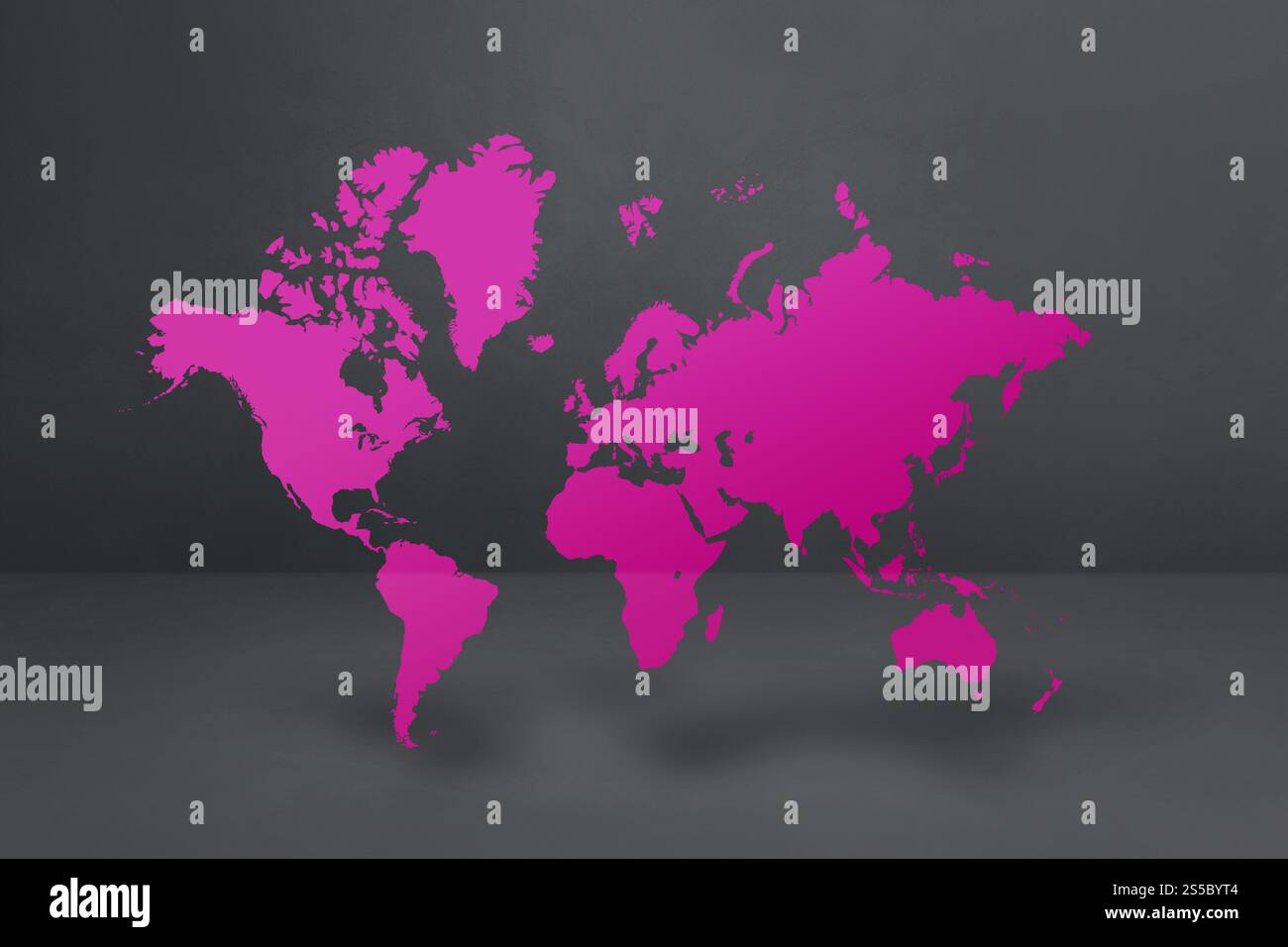 Purple world map isolated on black concrete wall background. 3D ...