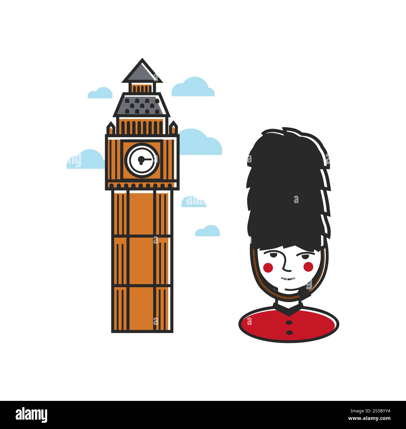 Tower with clock and royal guard in uniform. Main Britain national ...