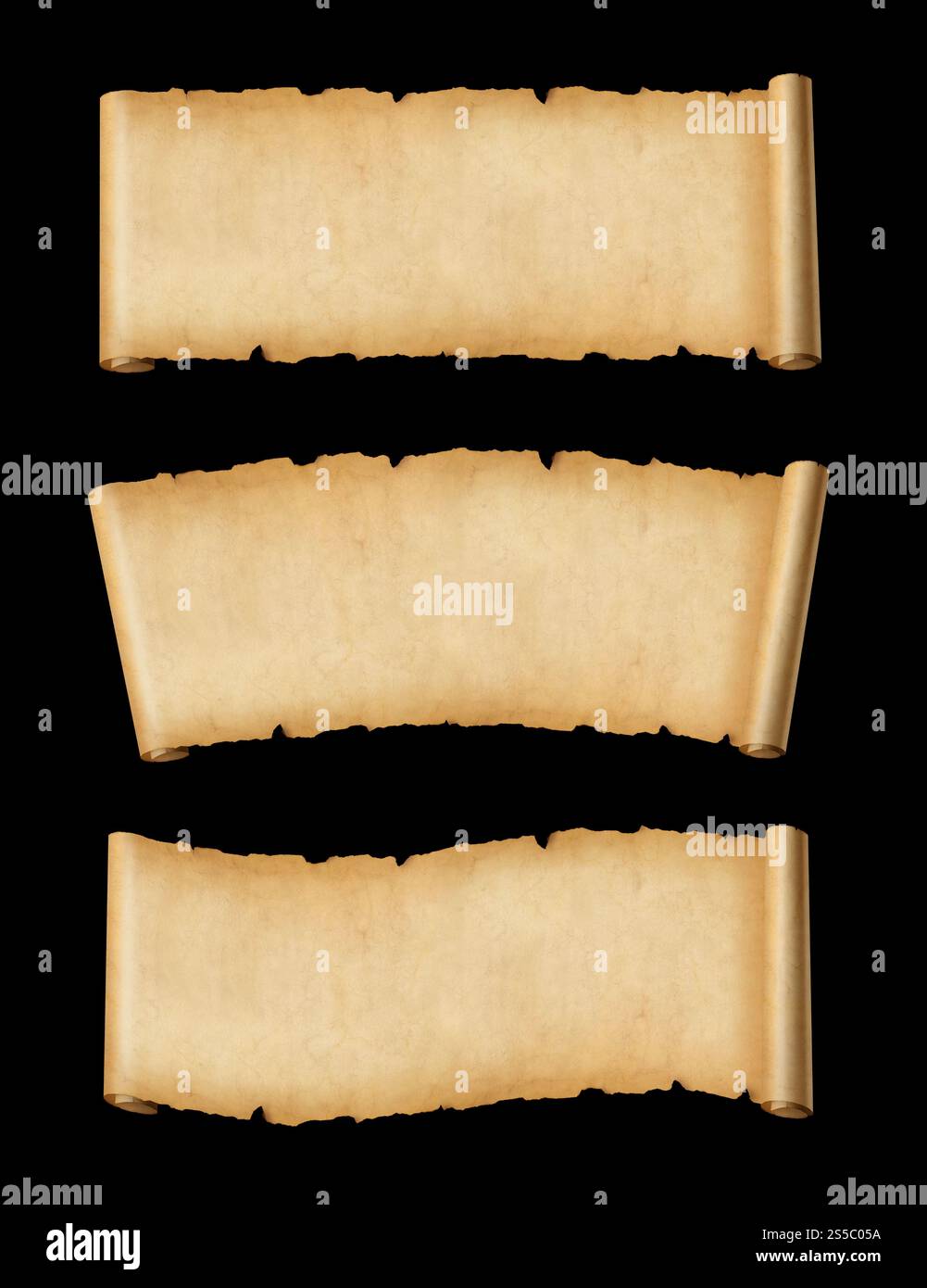 Old Parchment paper scroll isolated on black. Horizontal banners set ...