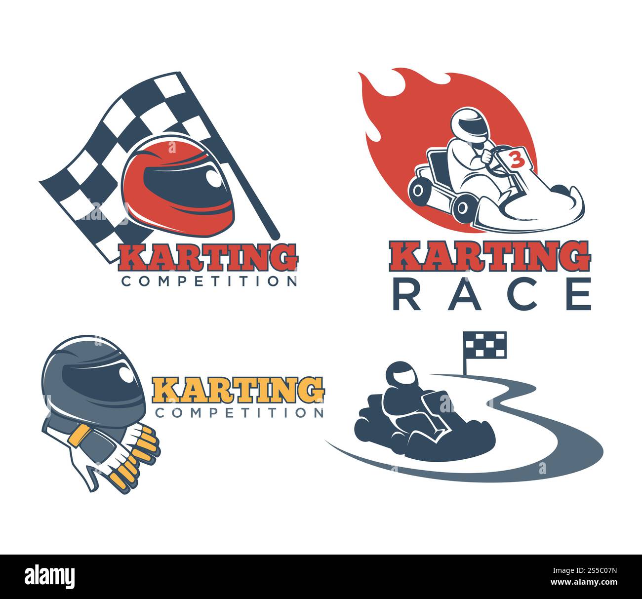Karting races or kart club competition logo set. Vector icons of kart ...