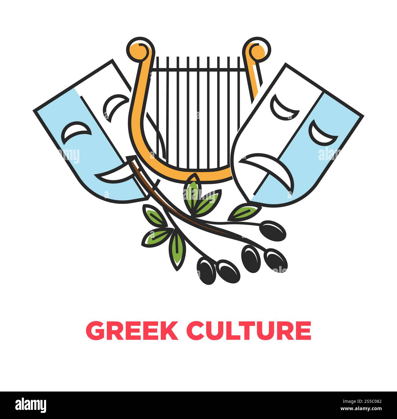 Greek culture promo poster with ancient theatrical symbols and olives ...