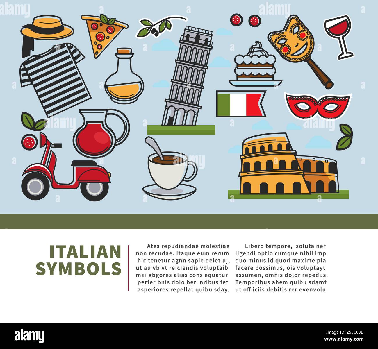Italian symbols and text sample in block poster with headline. Tower ...
