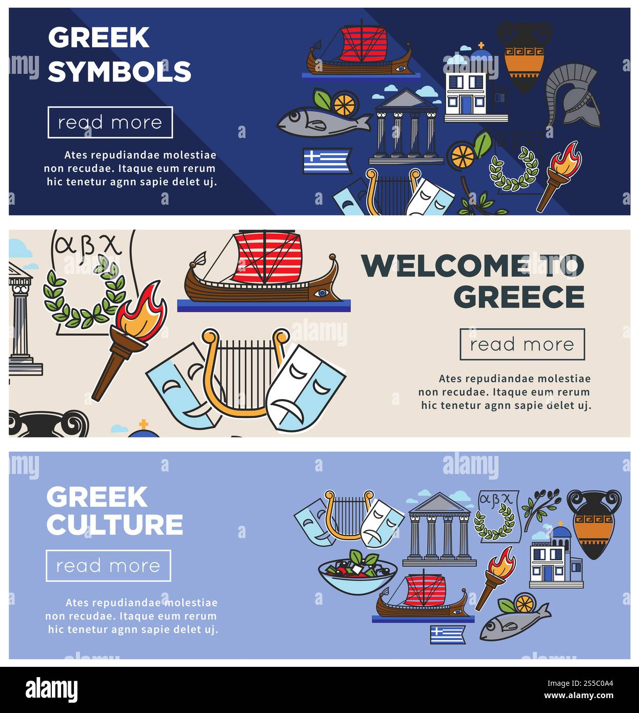 Greece travel web banners of Greek famous sightseeing landmarks and ...