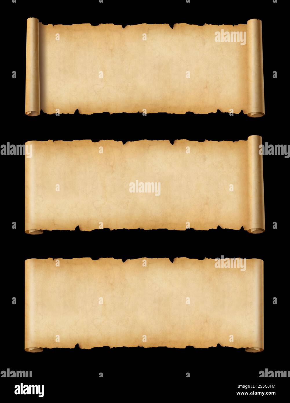Old Parchment paper scroll isolated on black. Horizontal banners set ...