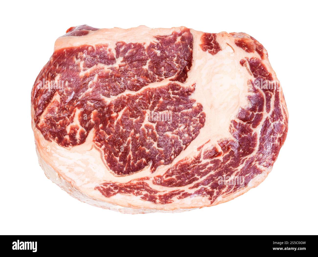 top view of slice of raw rib eye beef steak from Aberdeen Angus bull ...