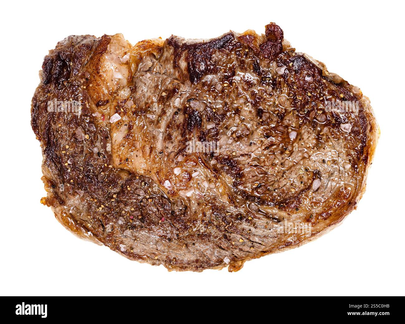 top view of roasted ribeye beef steak isolated on white background ...