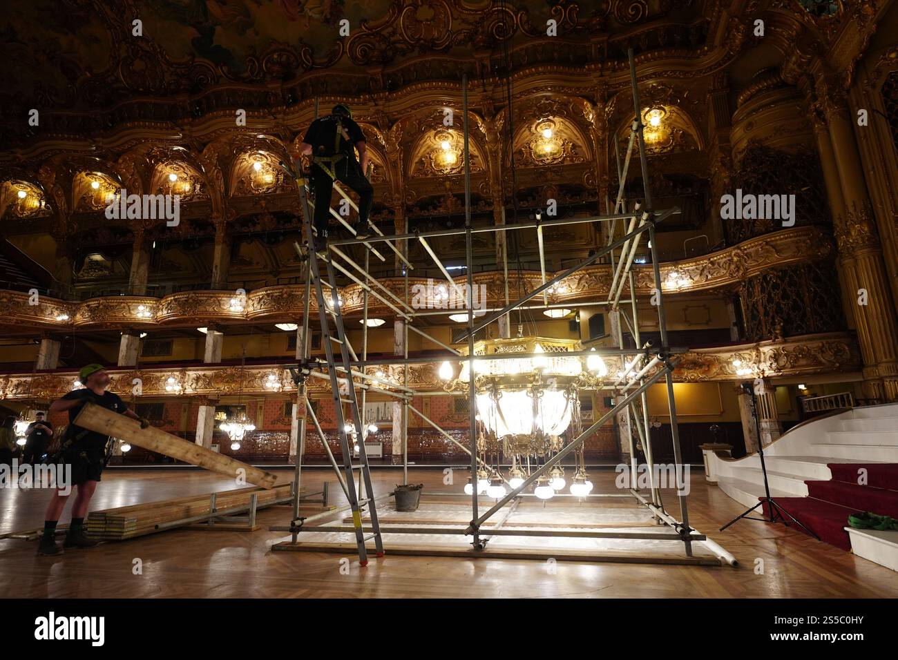 Specialists from the Tower ballroom team construct bespoke scaffolding ...