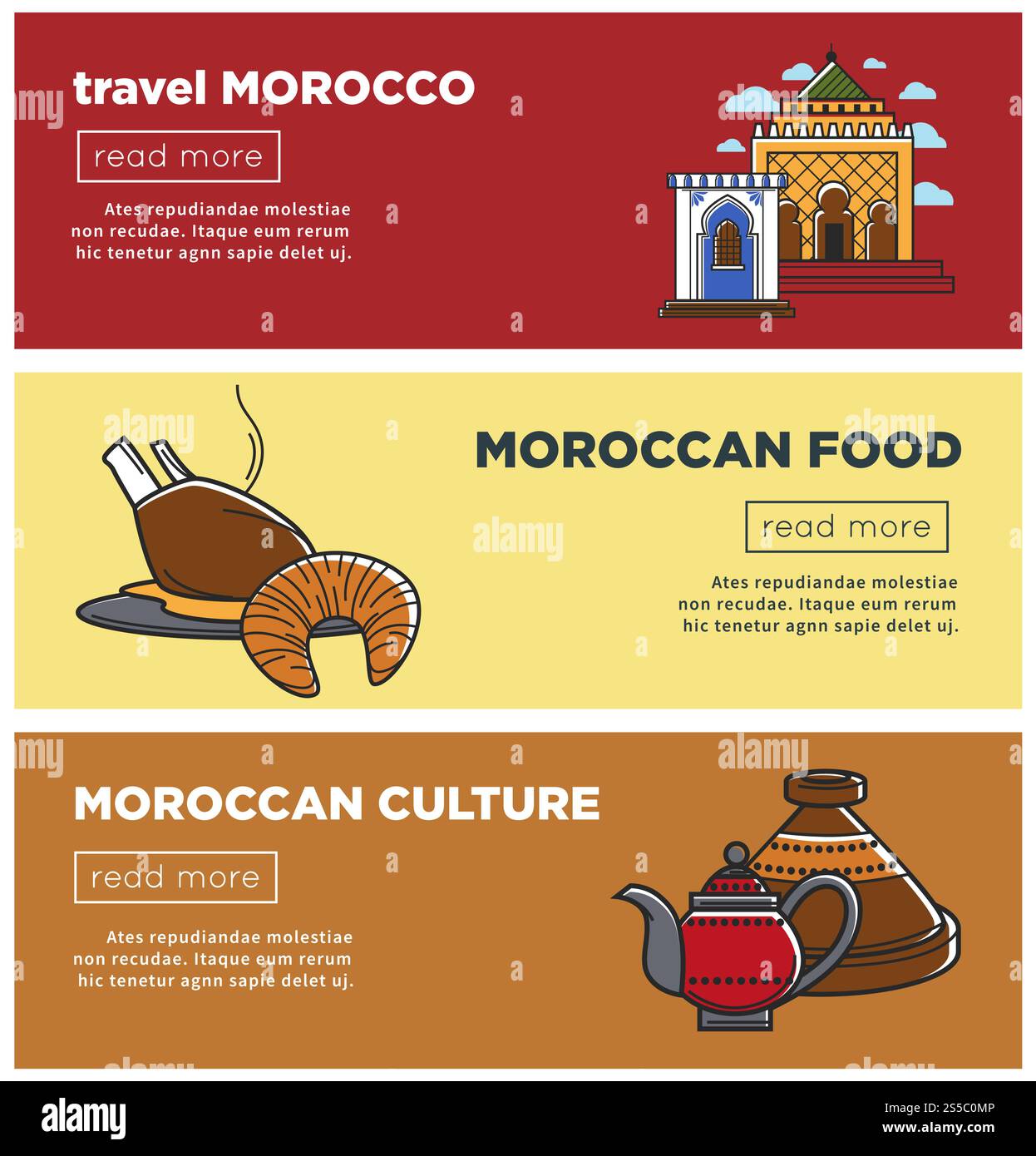Morocco travel symbols or tourism famous landmarks web banners. Vector ...