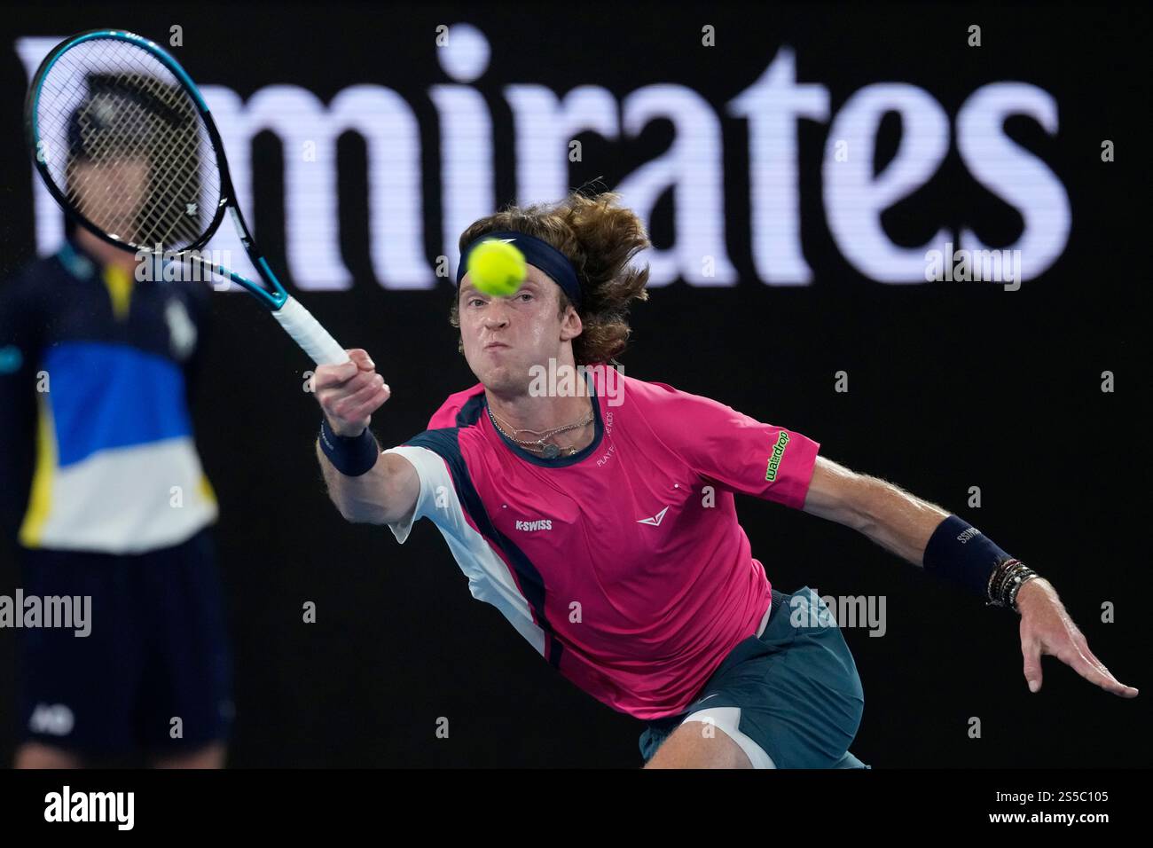Andrey Rublev of Russia plays a forehand return to Joao Fonseca of Brazil during their first ...