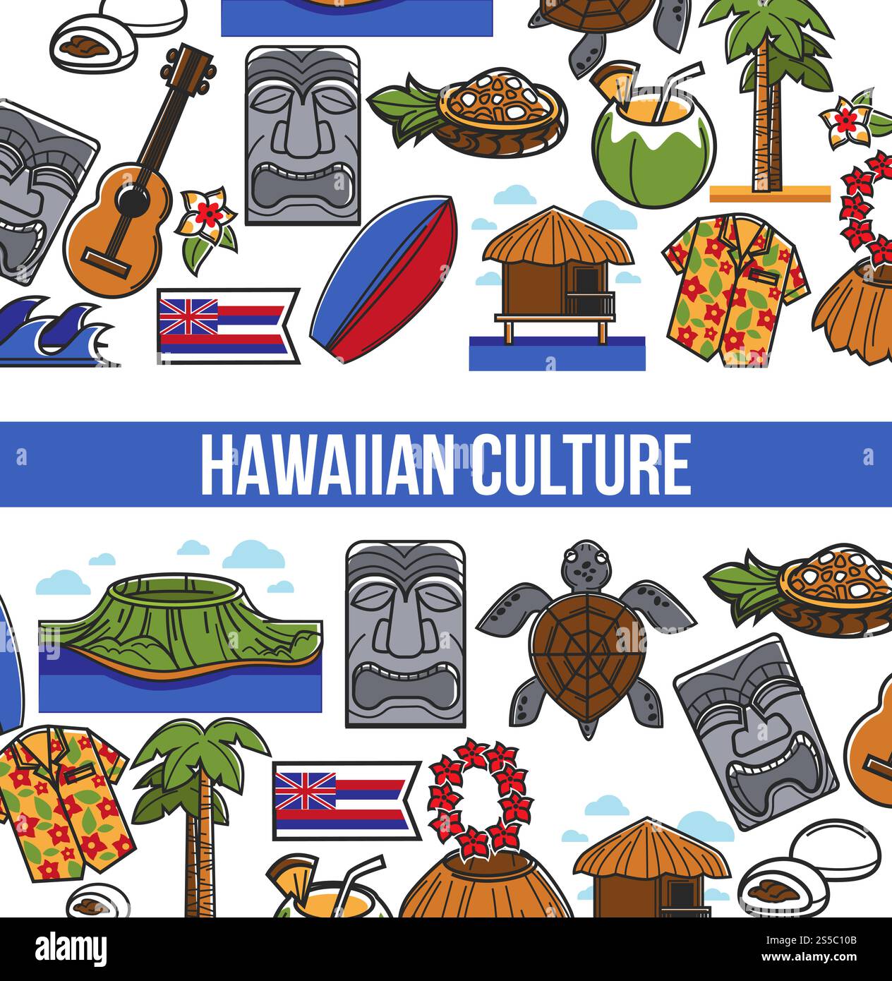 Hawaii travel landmark and Hawaiian culture symbols poster. Vector ...