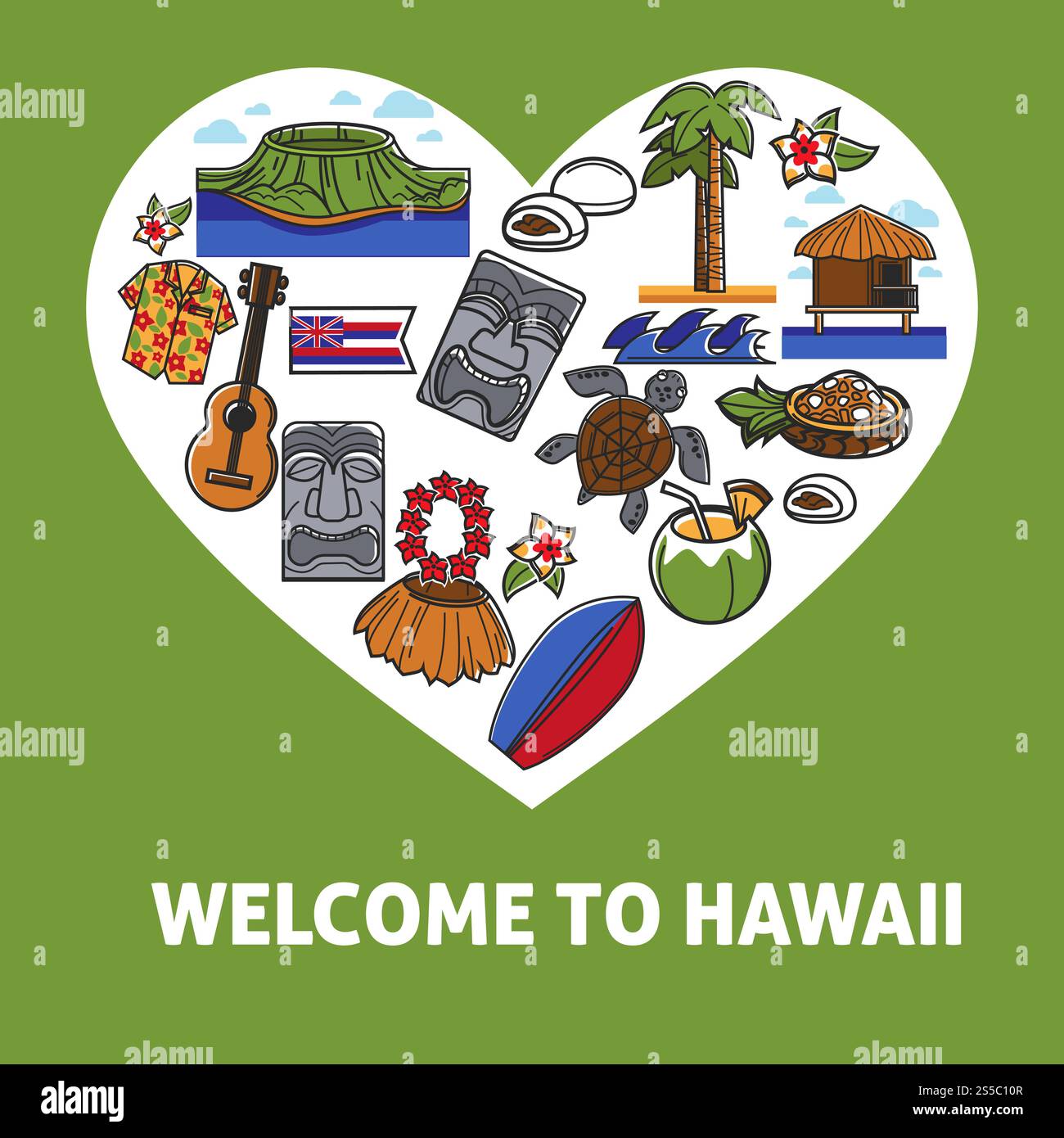 Welcome to Hawaii promo banner with national symbols. Wild nature ...
