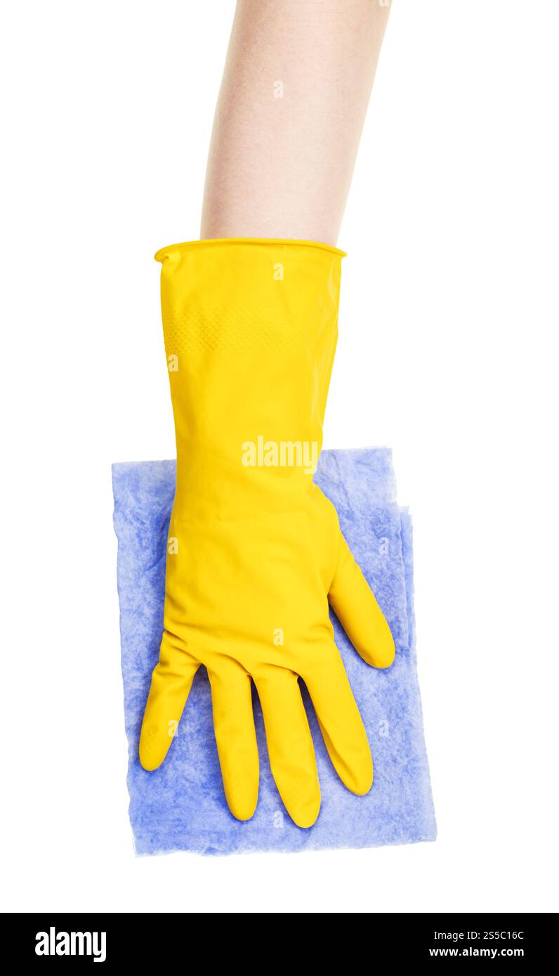 hand in yellow rubber glove with plain blue rag isolated on white ...