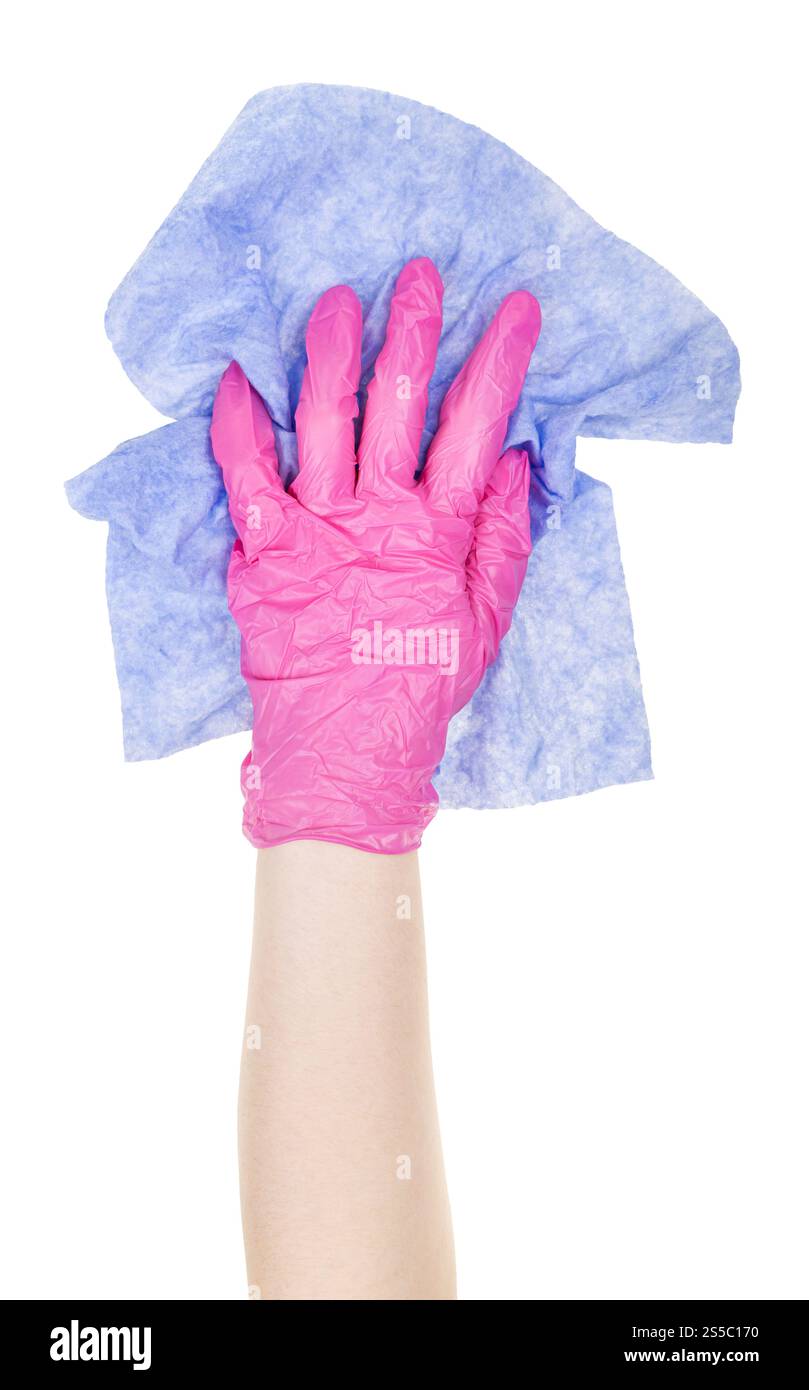 hand in pink vinyl glove wipes with crumpled blue rag isolated on white ...