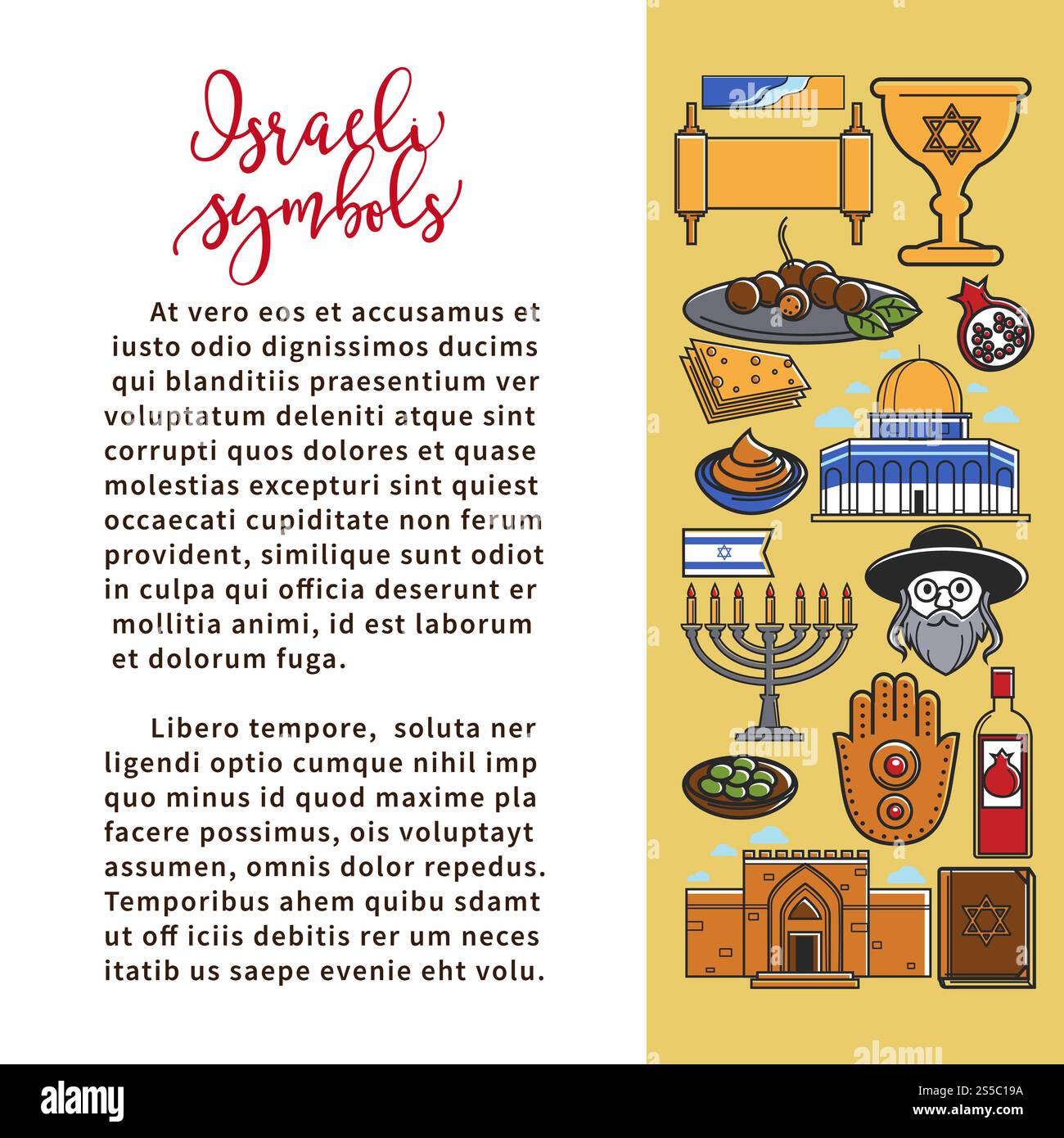 Israeli national symbols promo poster with sample text. Holy religion ...