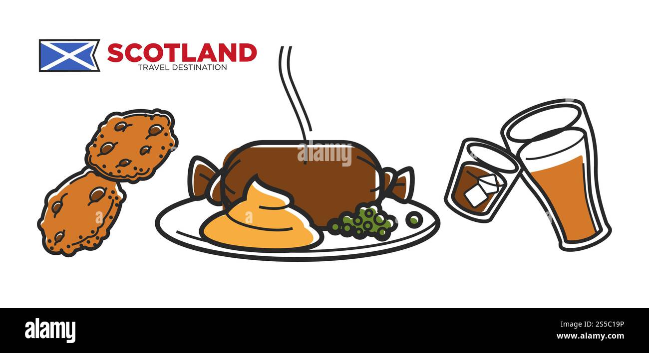 Scotland travel destination promo poster with national cuisine ...