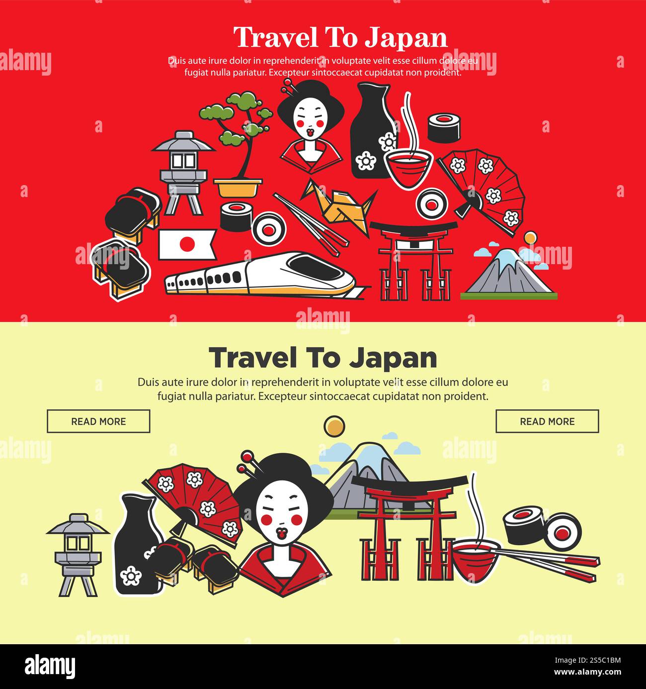 Japan travel web banners of Japanese famous landmark symbols and ...