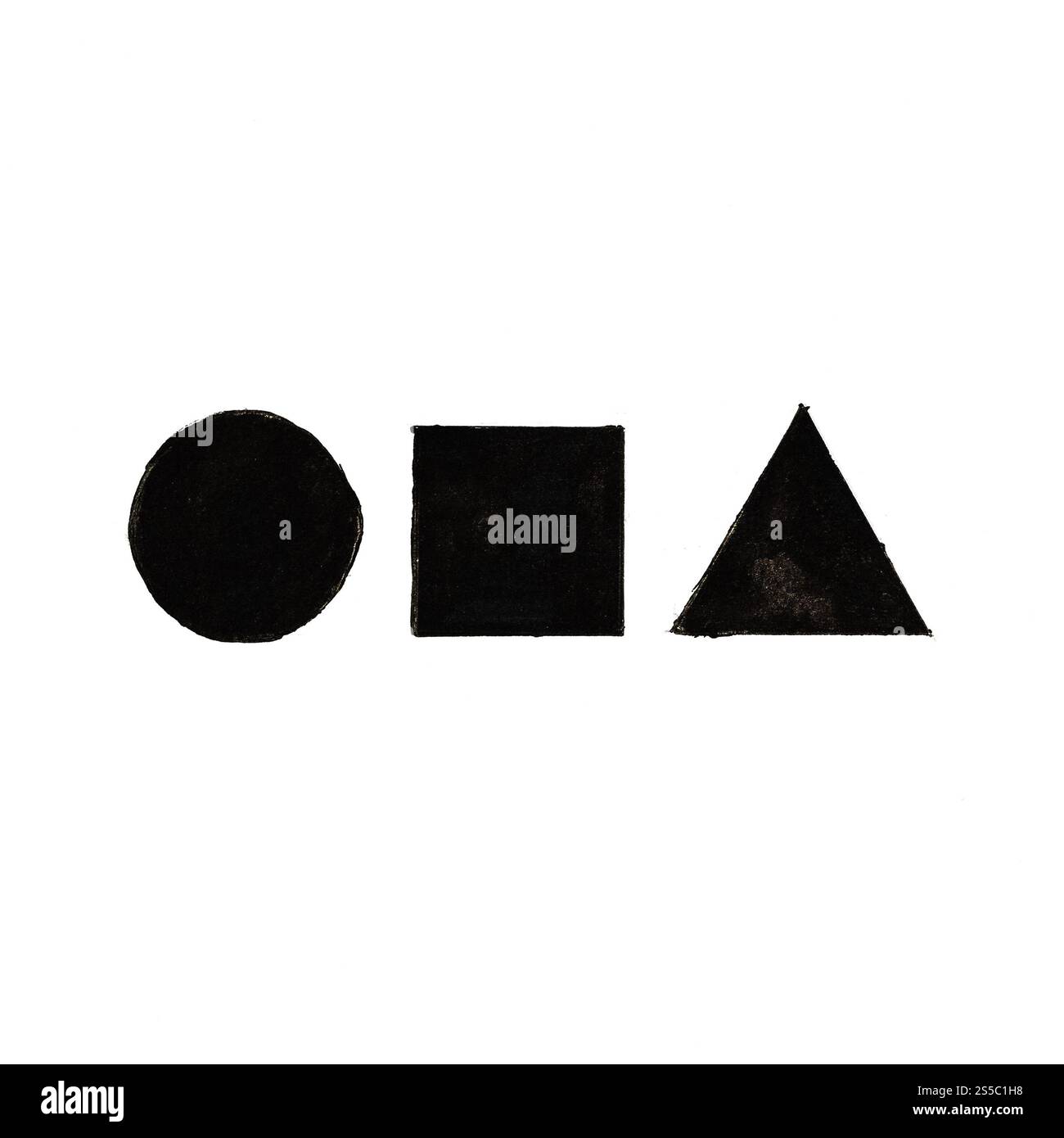 black and white composition with circle, triangle and square in row hand drawn with black paint ...