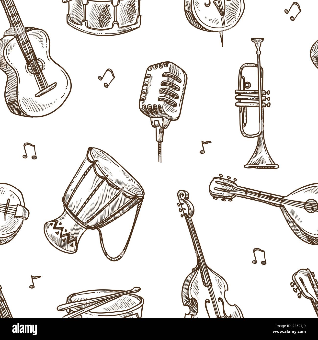 Musical instruments and retro microphone sketches in seamless pattern ...