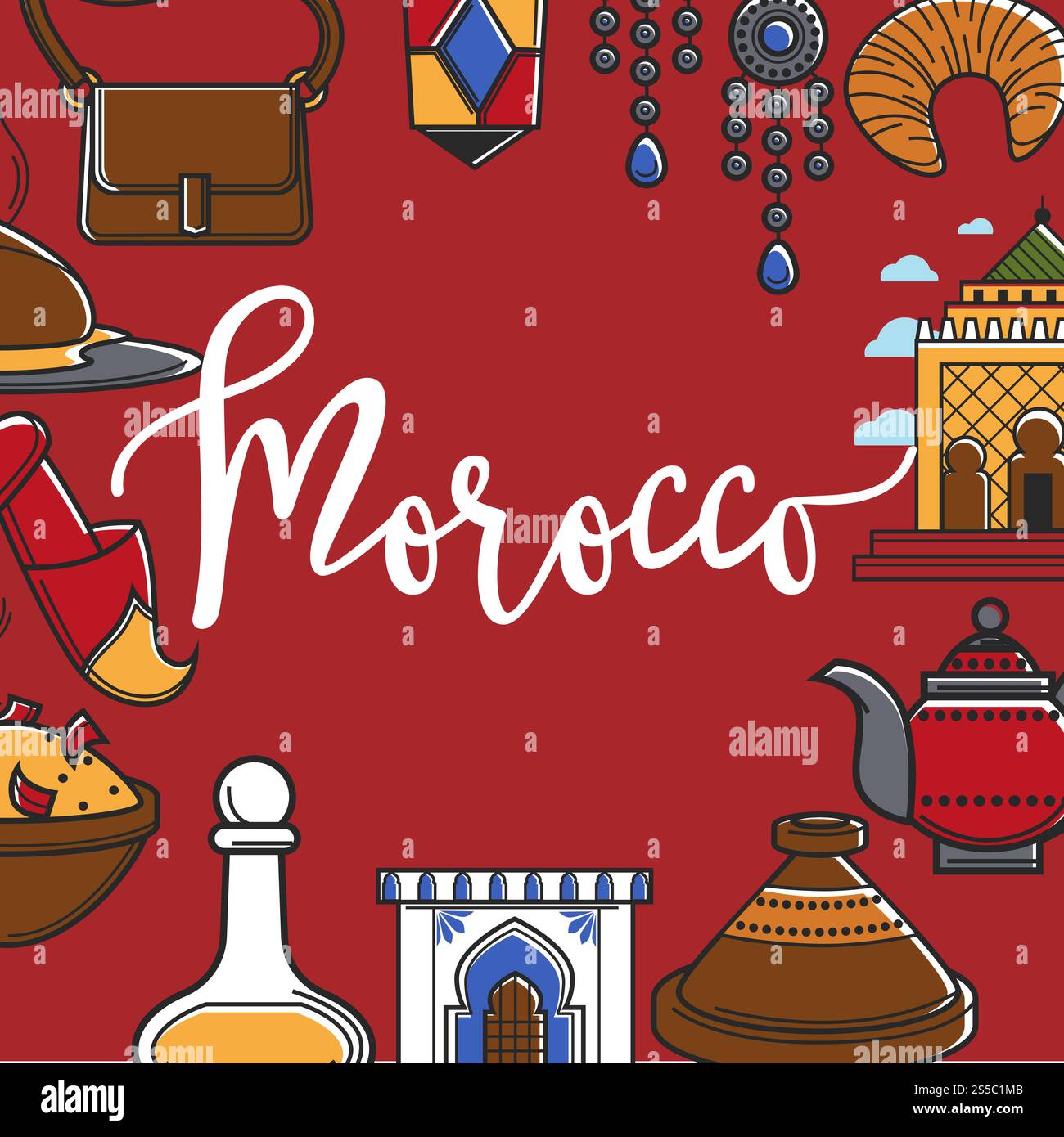 Morocco promo poster with country symbols around sign. Exotic African ...