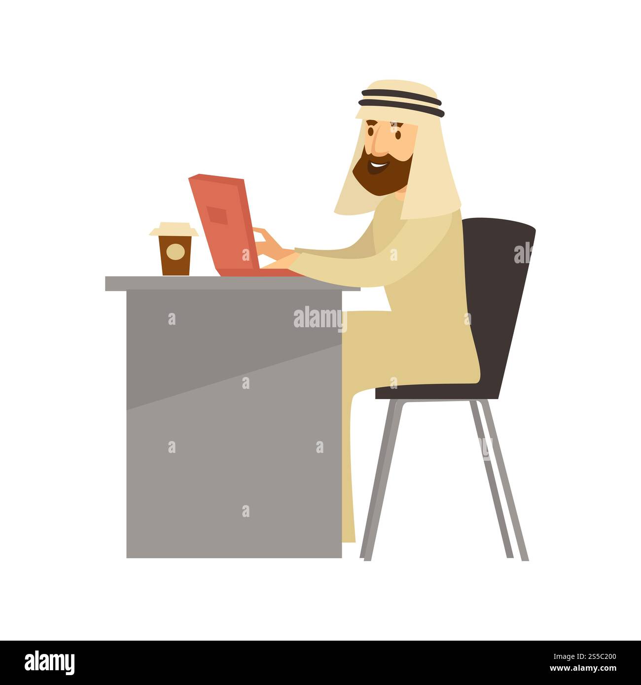 Muslim man in traditional clothes works at desk on modern laptop with ...