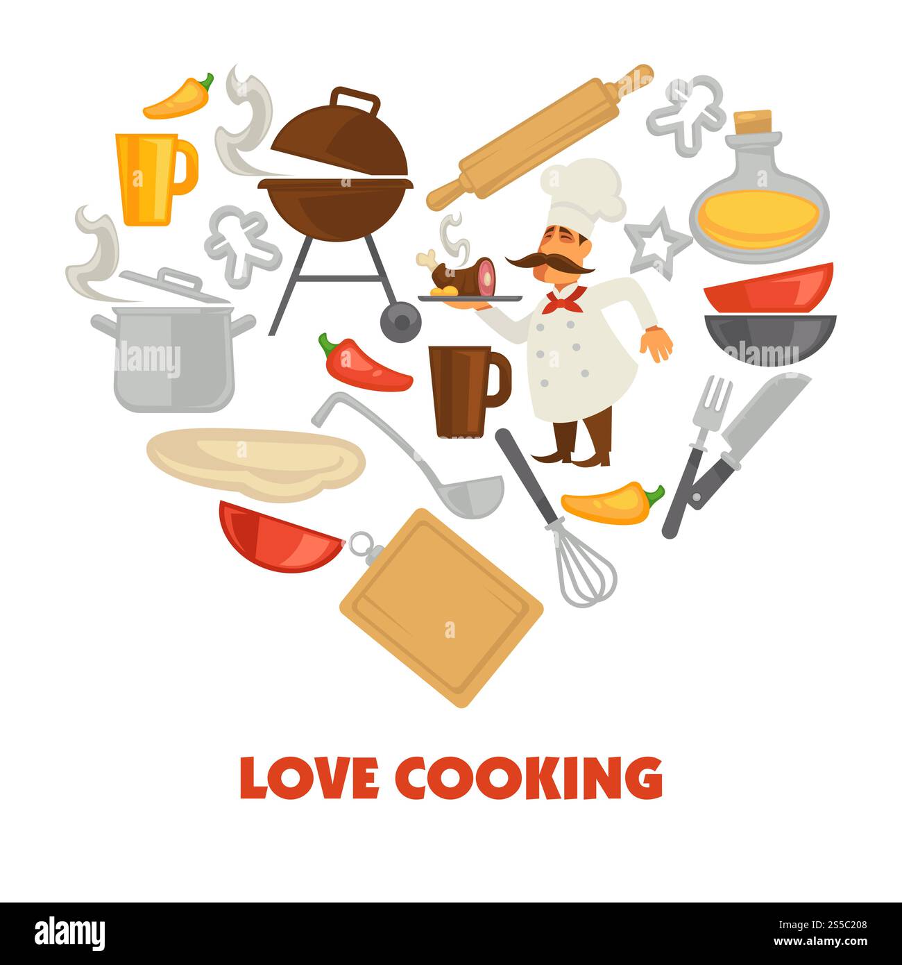 Love cooking poster with culinary equipment and cook. Big grill, metal ...