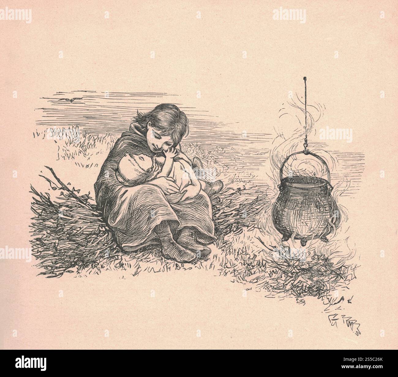 Black and white antique illustration shows a female tramp and her ...