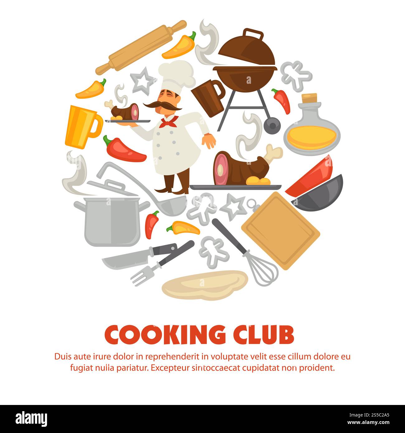 Cooking club poster with kitchenware and chef with mustache in white ...