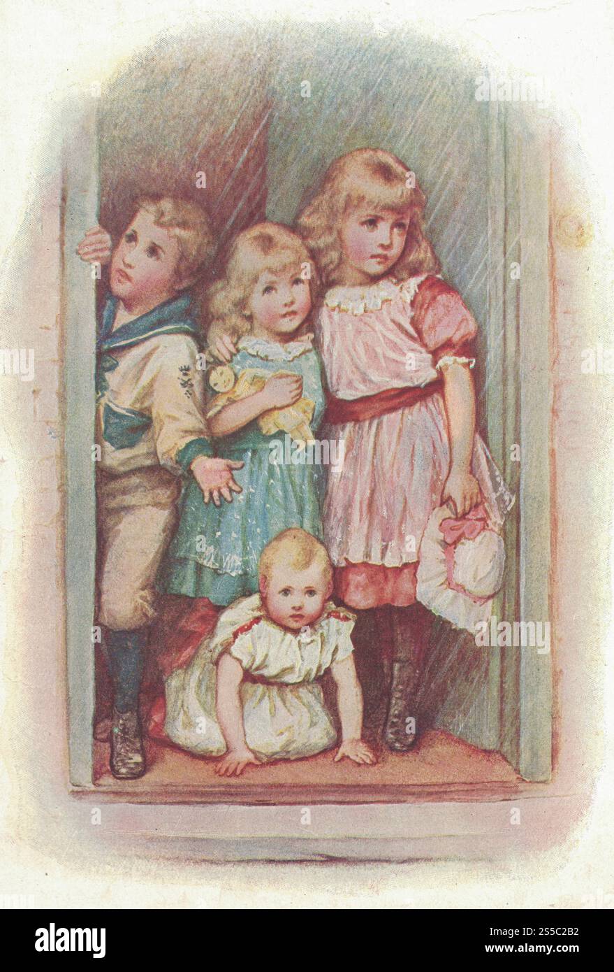 Colorful antique illustration shows little girls and boy. Vintage ... Colorful antique illustration shows little girls and boy. Vintage ...
