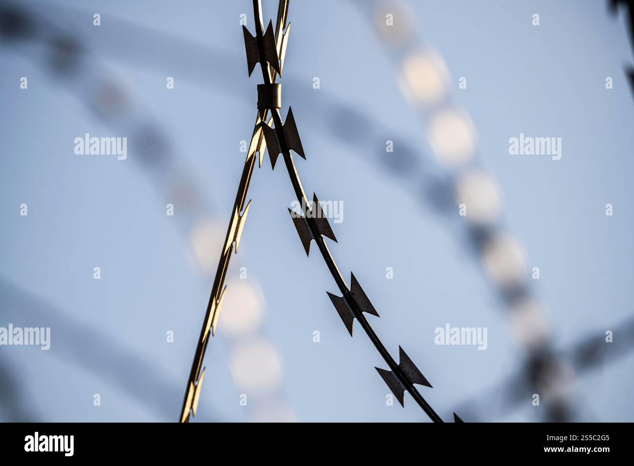 Symbolic image of security, S-wire coils, NATO wire, on a fence crown ...