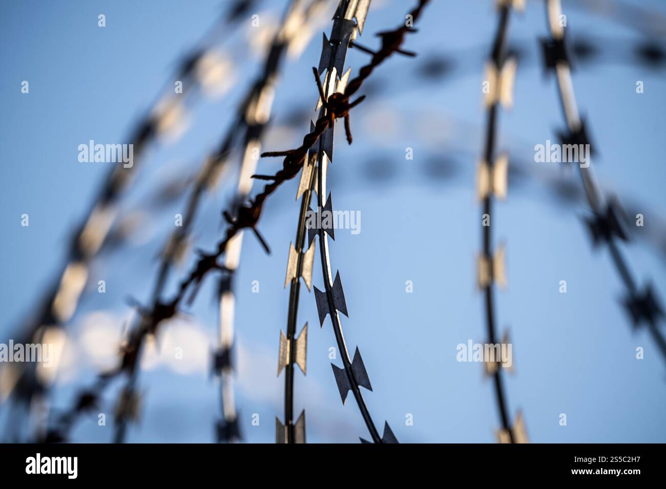 Symbolic image of security, S-wire coils, NATO wire, on a fence crown ...