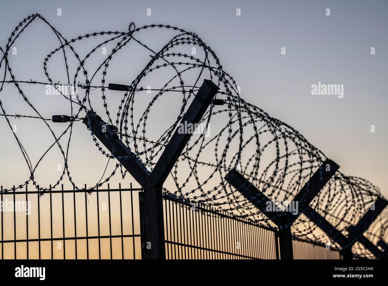 Symbolic image of security, S-wire coils, NATO wire, on a fence crown ...
