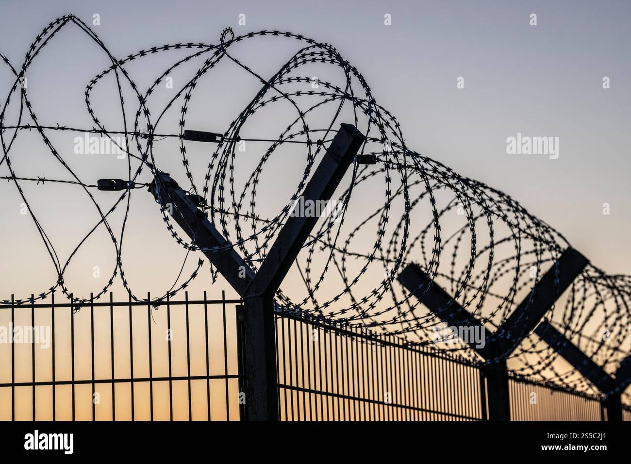 Symbolic image of security, S-wire coils, NATO wire, on a fence crown ...