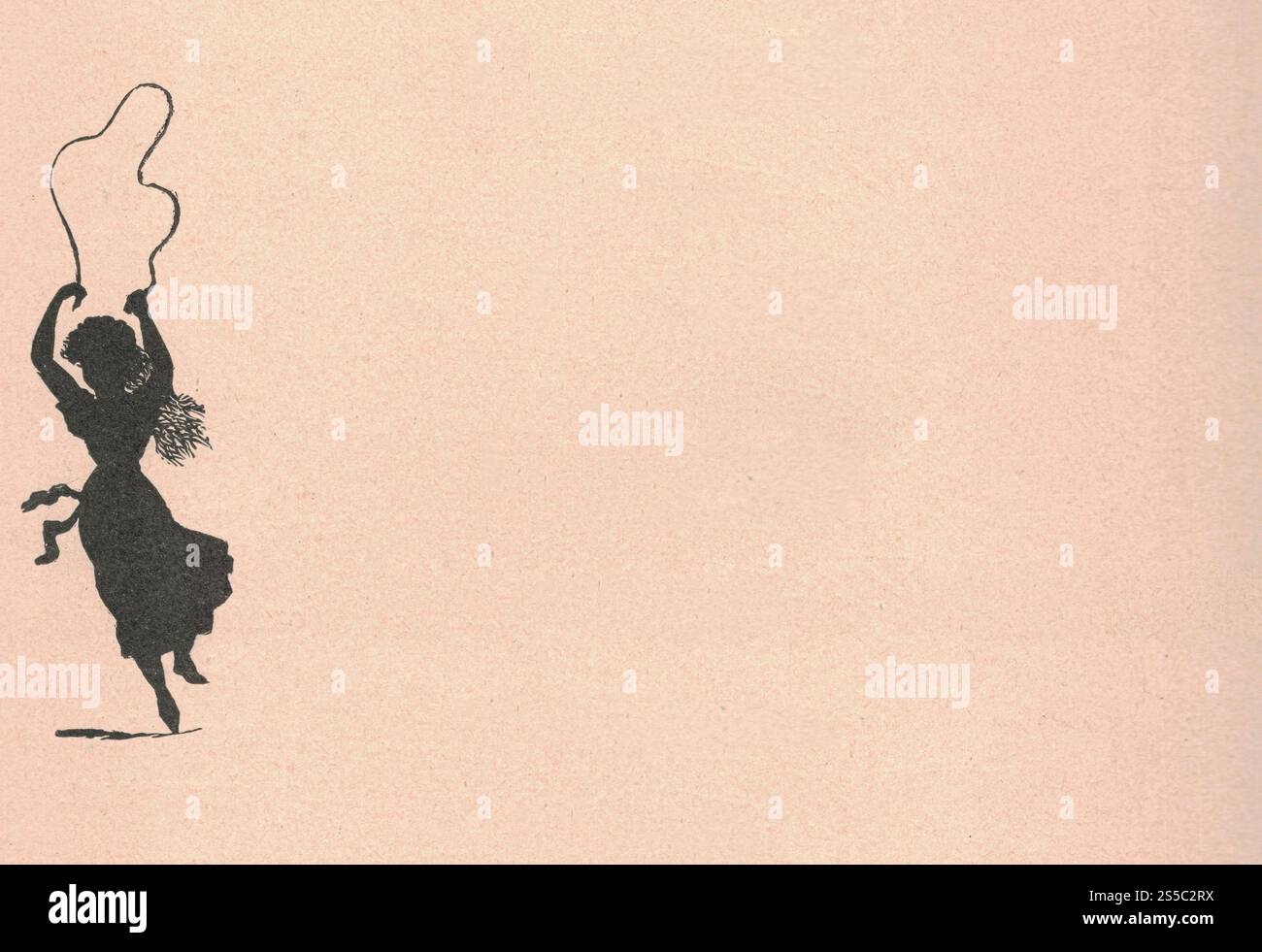 Black and white antique illustration shows a girl jumping over a skip ...