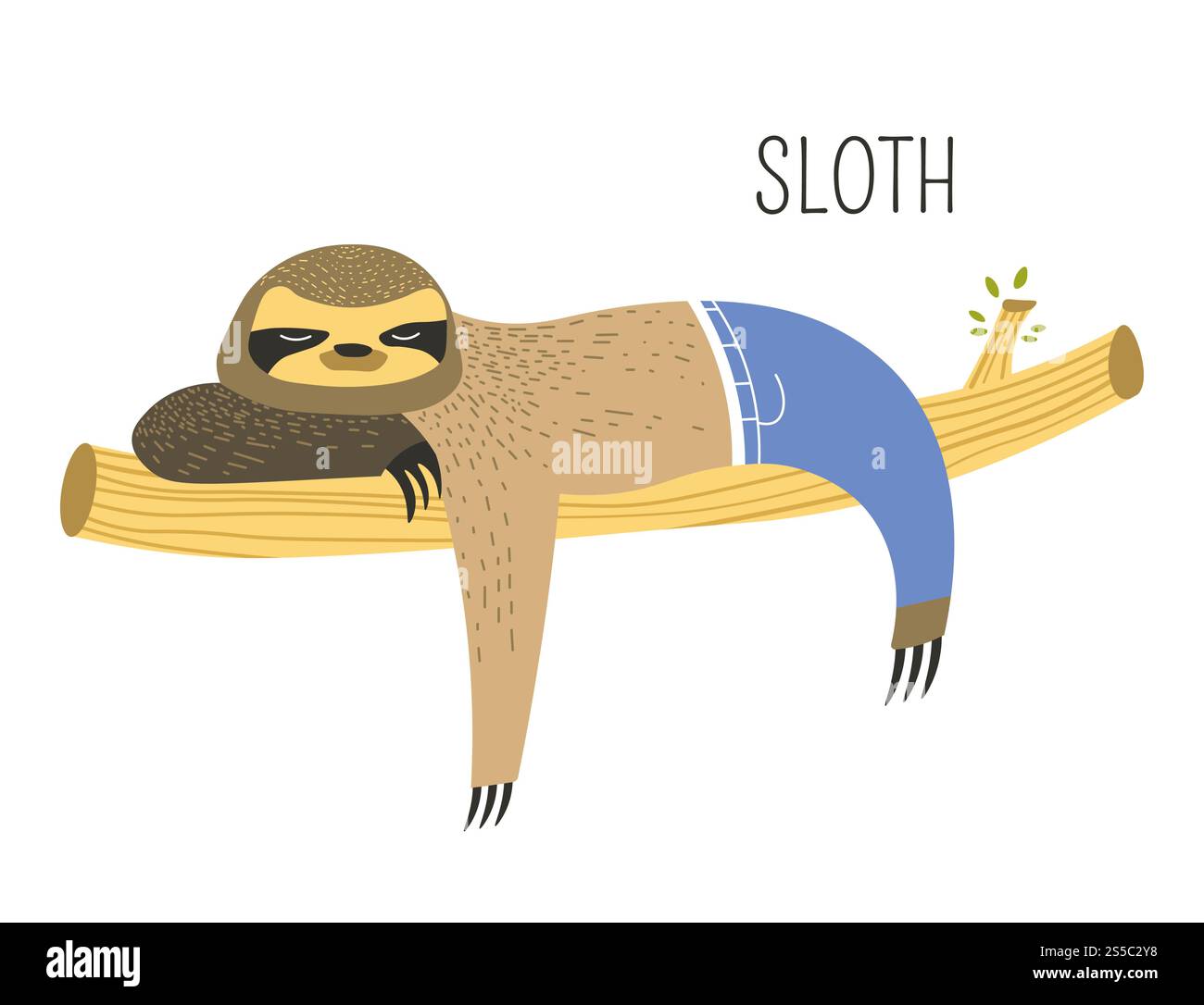 Sloth in jeans on branch childish cartoon book character. Lazy animal ...