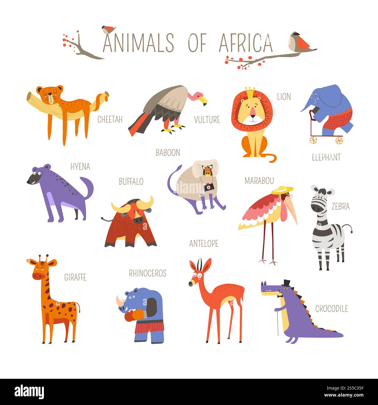 Cartoon African animals and birds for kids design. Vector funny zoo of ...