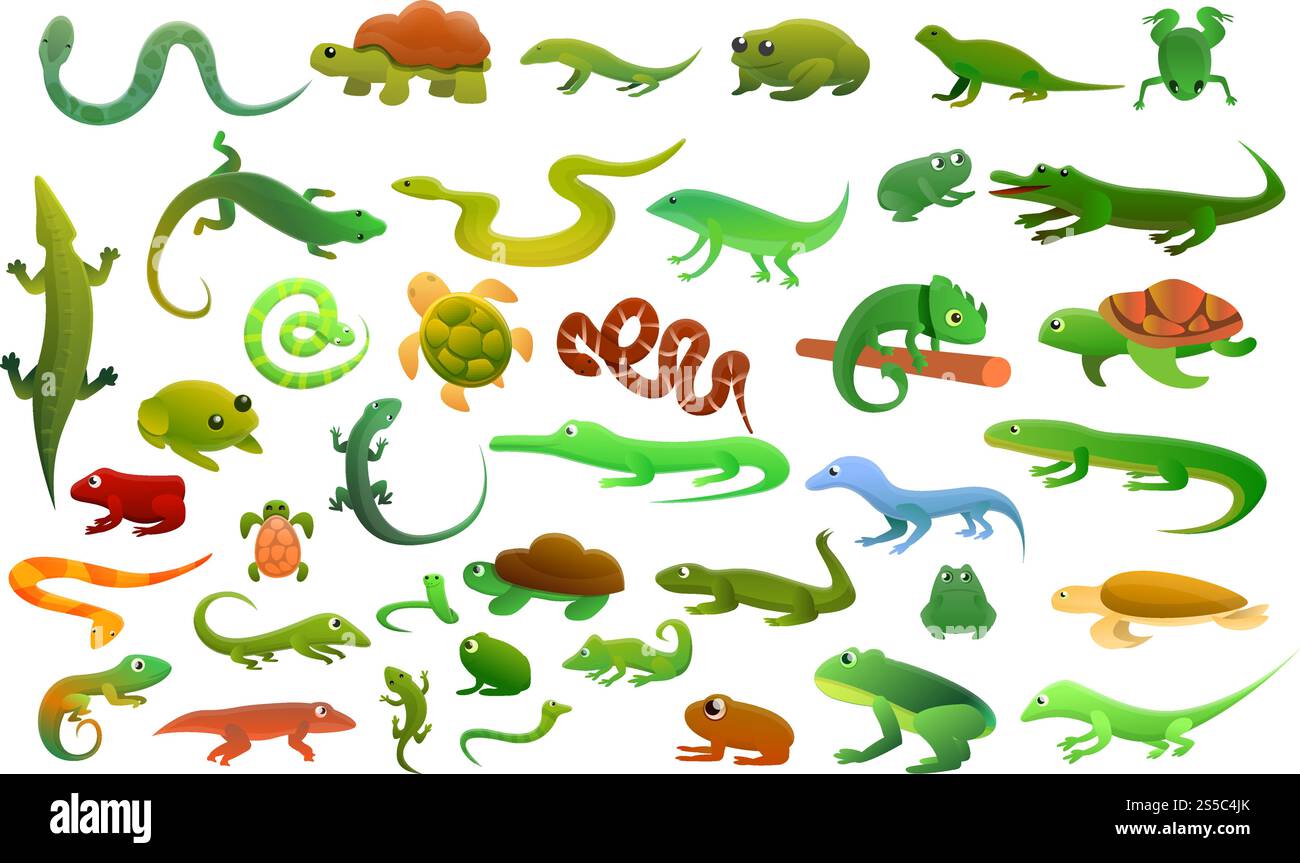Reptiles amphibians icons set. Cartoon set of reptiles amphibians ...
