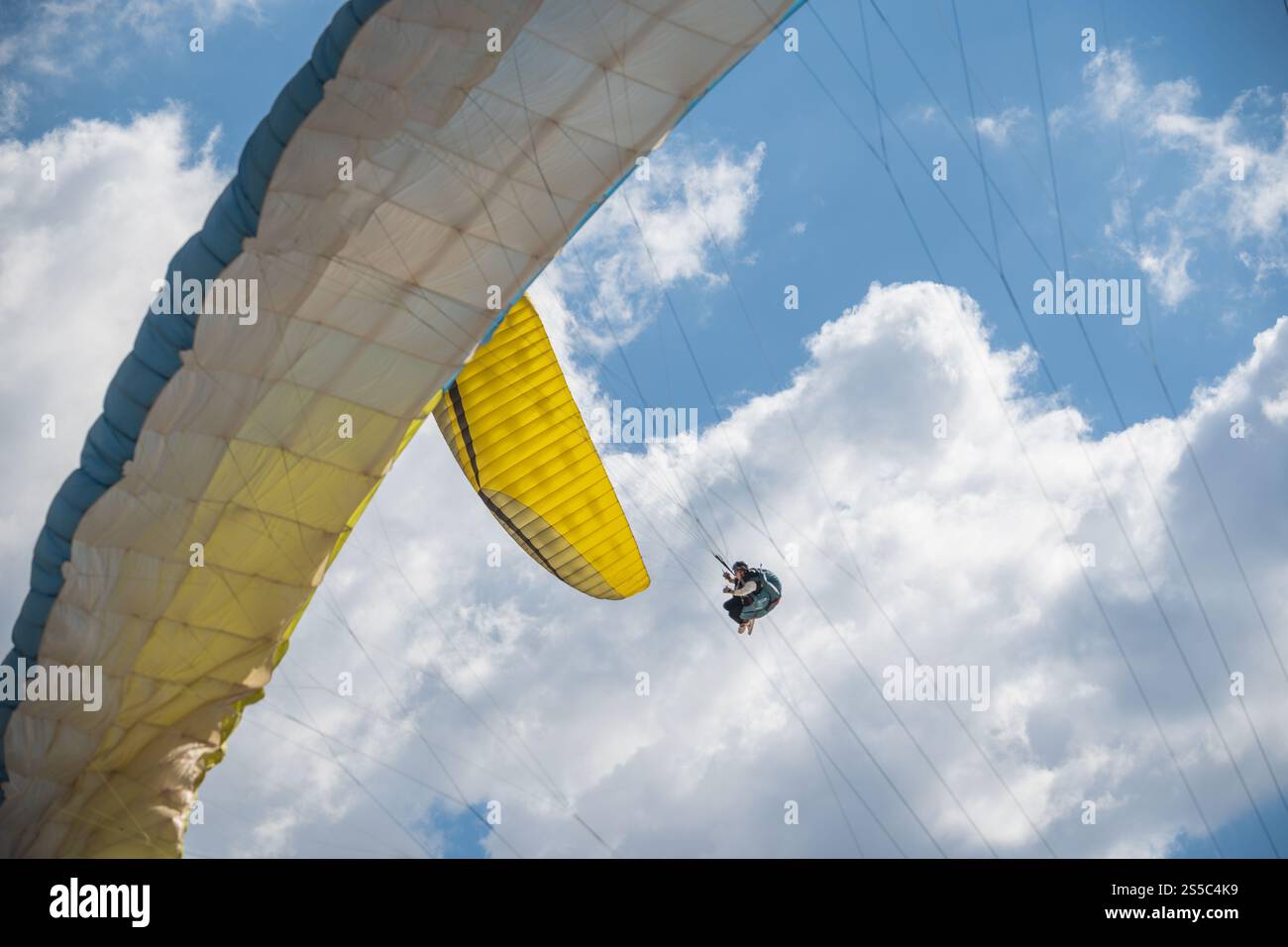 A colorful display of paragliders soaring through the sky Stock Photo ...