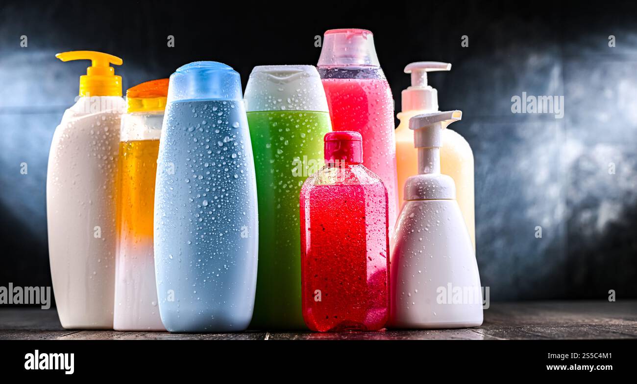 Plastic containers with different body care products Stock Photo - Alamy