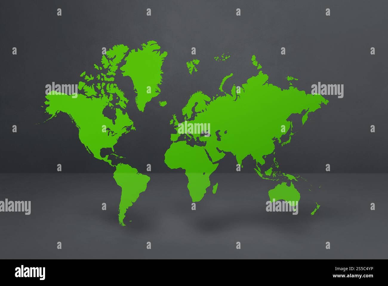 Green world map isolated on black concrete wall background. 3D ...