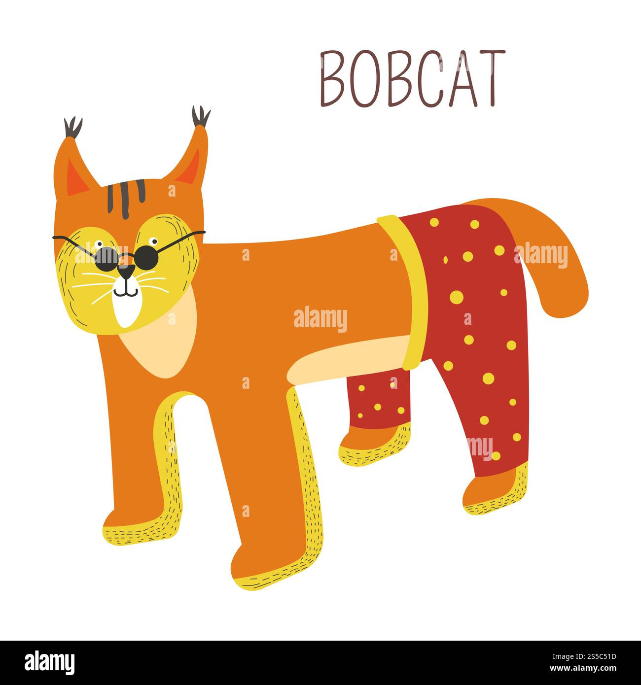 Bobcat in pants and sunlasses childish cartoon book character. Wild cat ...