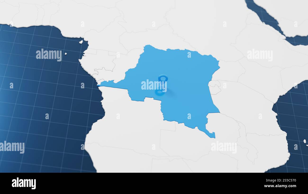 Blue Democratic Republic Of Congo 3d map with pointer pin surrounded ...